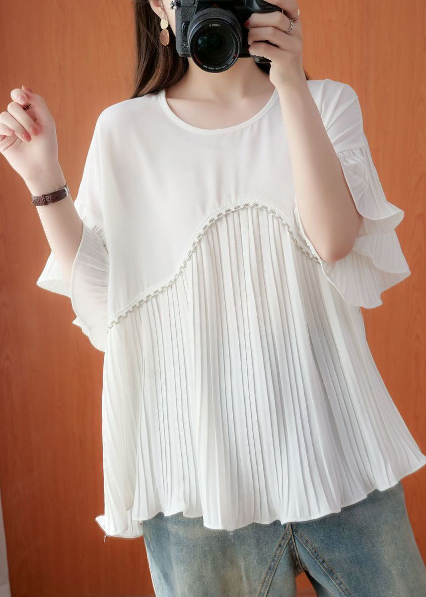 Simple White Oversized Patchwork Pleated Chiffon Top Summer – SooLinen