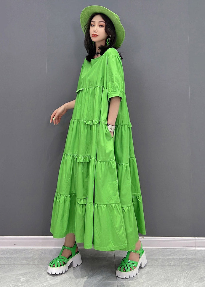 Style Green O-Neck Patchwork Pockets Ankle Dress Short Sleeve – SooLinen