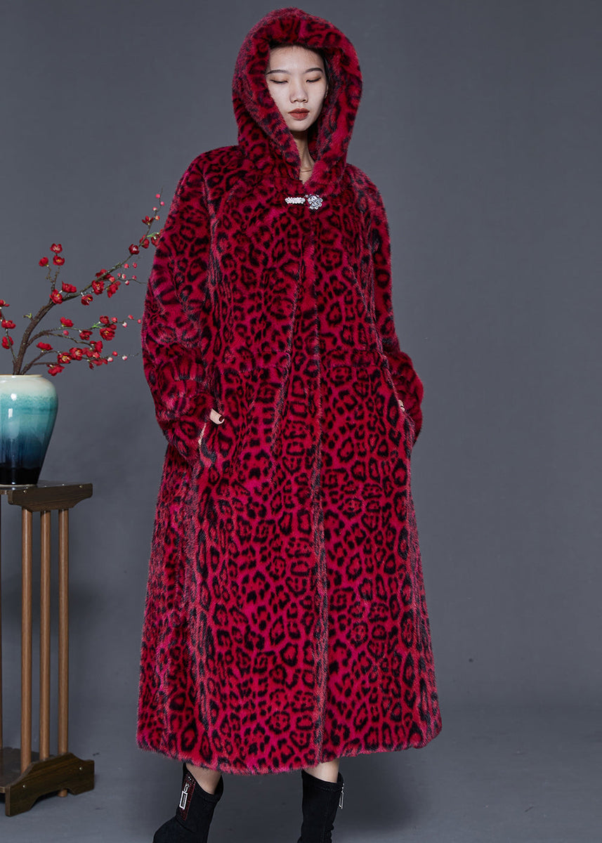 Style Red Hooded Print Faux Fur Coat Spring – SooLinen