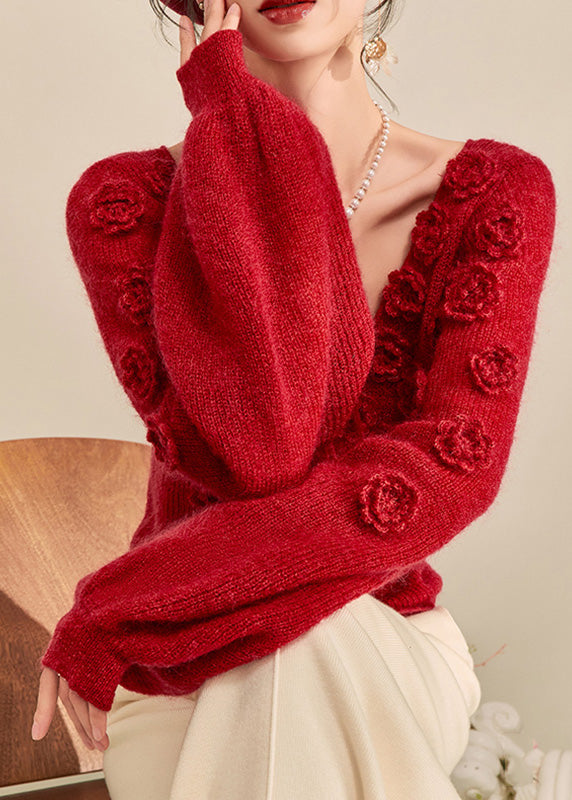 Style Red V Neck Drawstring Solid Cotton Knit Sweater Lantern Sleeve ...