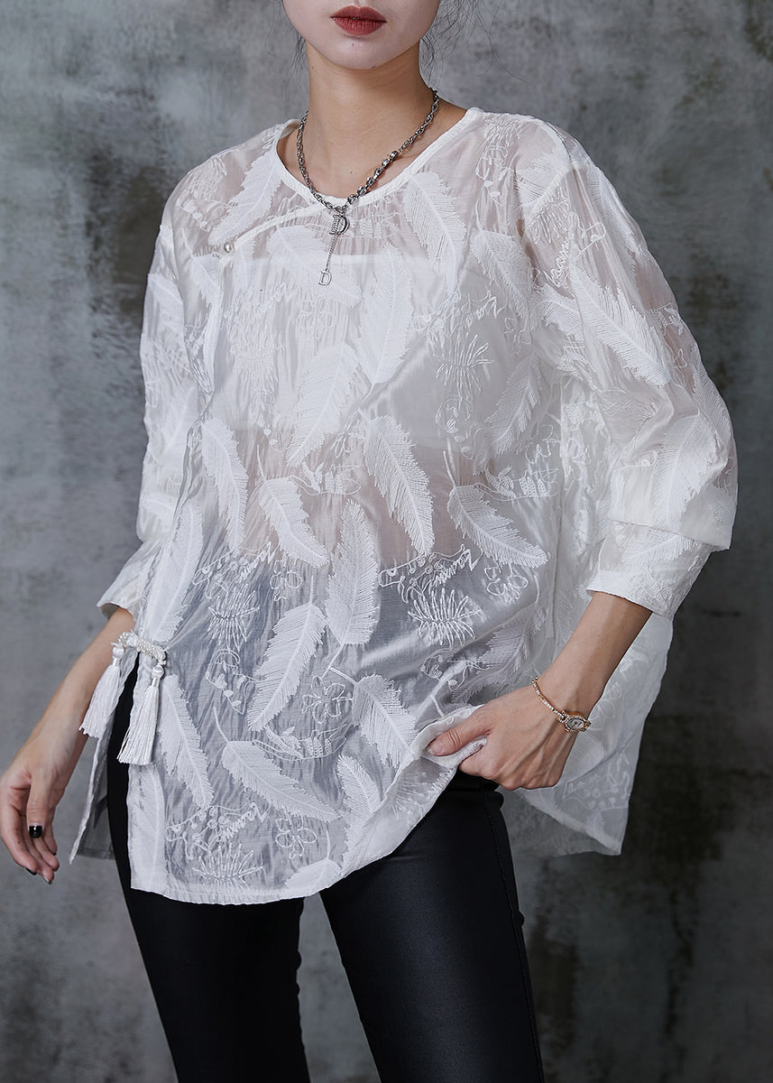 Style White Tasseled Feather Embroidered Silk Shirts Summer – SooLinen