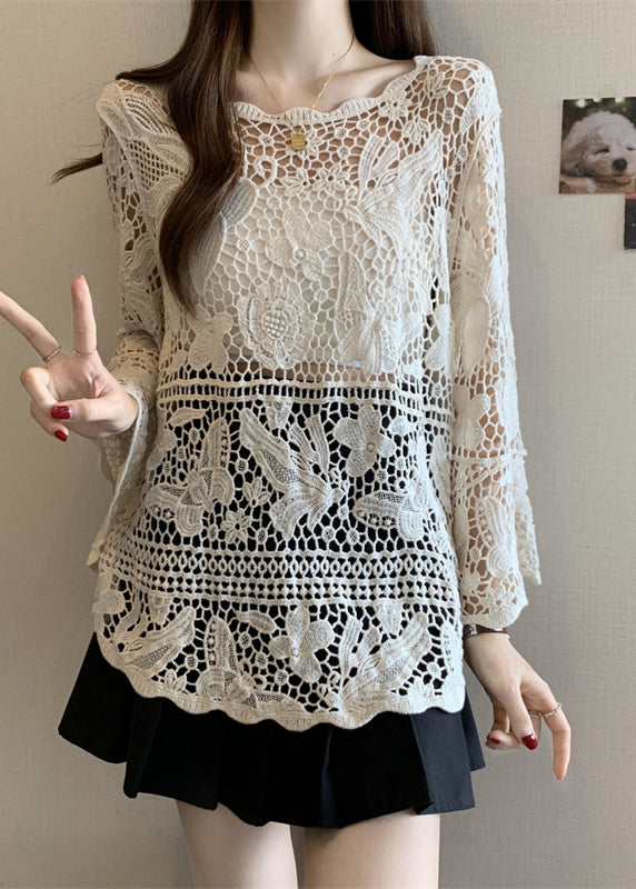 Stylish Beige Hollow Out Lace Knit Tops Summer – SooLinen