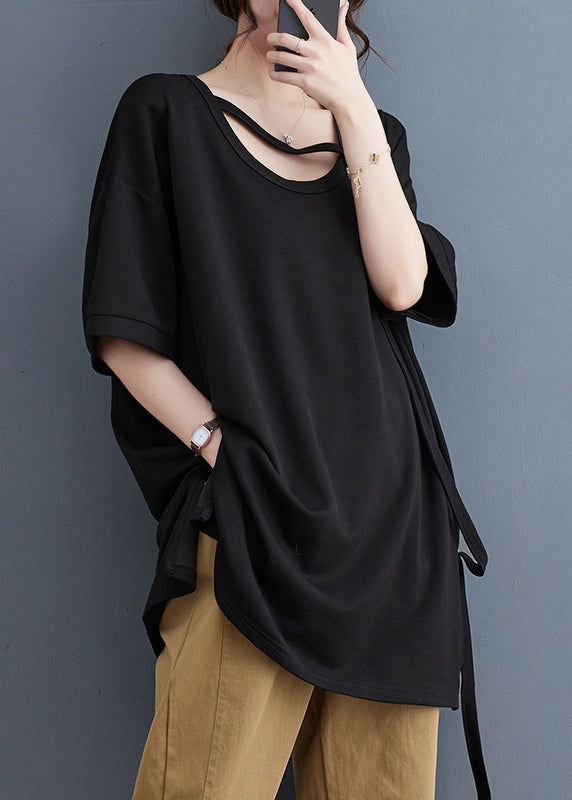 Stylish Black Oversized Side Open Cotton Long Tanks Summer – SooLinen