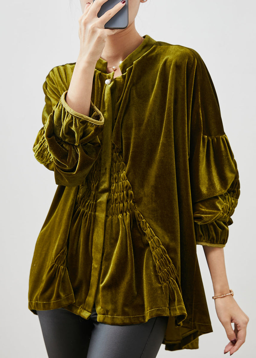Stylish Army Green Oversized Wrinkled Silk Velour Shirt Spring – SooLinen