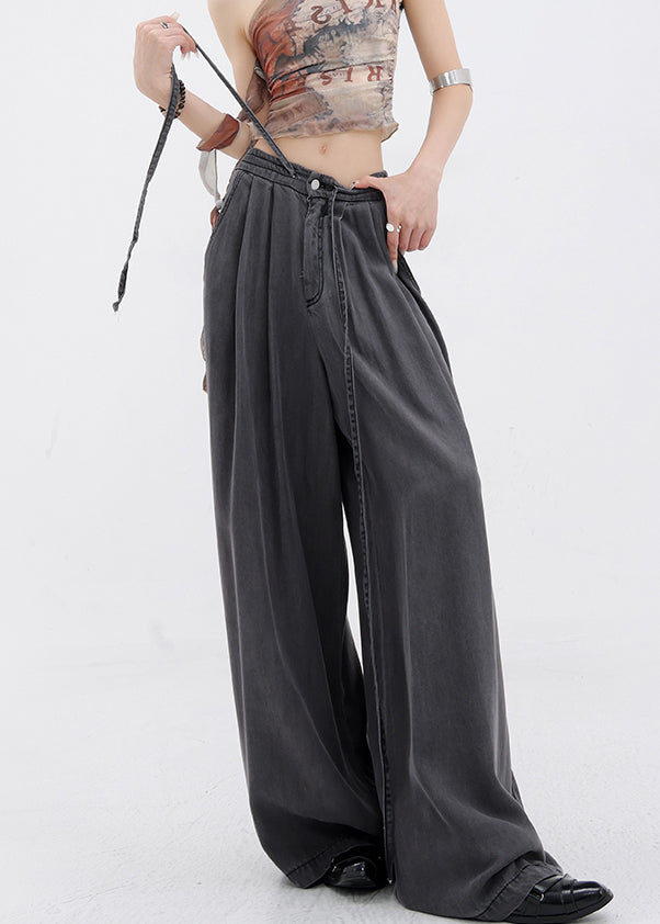 Stylish Grey Pockets Drawstring Denim Wide Leg Pants Summer – SooLinen