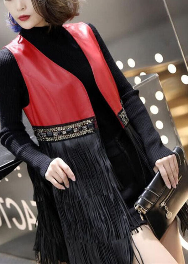 Stylish Red V Neck Patchwork Tassel Sheepskin Long Vest Sleeveless ...
