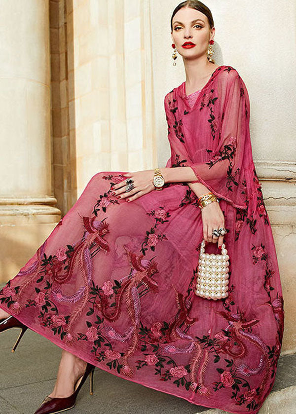 Stylish Rose V Neck Embroidered Hooded Silk Two Pieces Set Dresses Sum ...