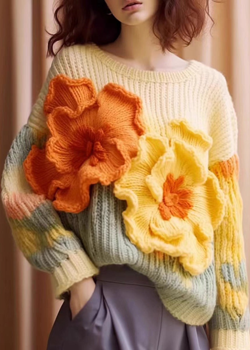 Unique Apricot Floral Cozy Cotton Knit Sweaters Long Sleeve – SooLinen
