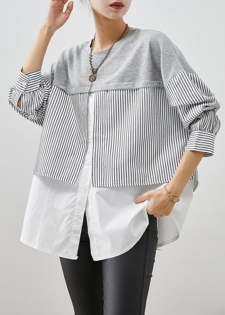 Unique Colorblock Oversized Patchwork Striped Cotton Top Fall – SooLinen