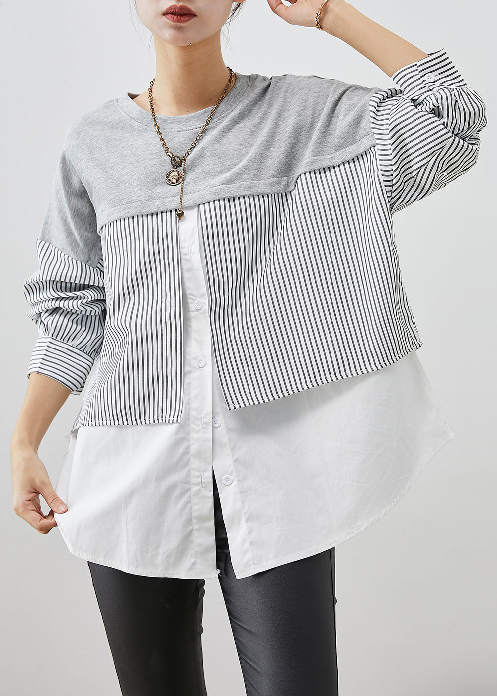 Unique Colorblock Oversized Patchwork Striped Cotton Top Fall – SooLinen