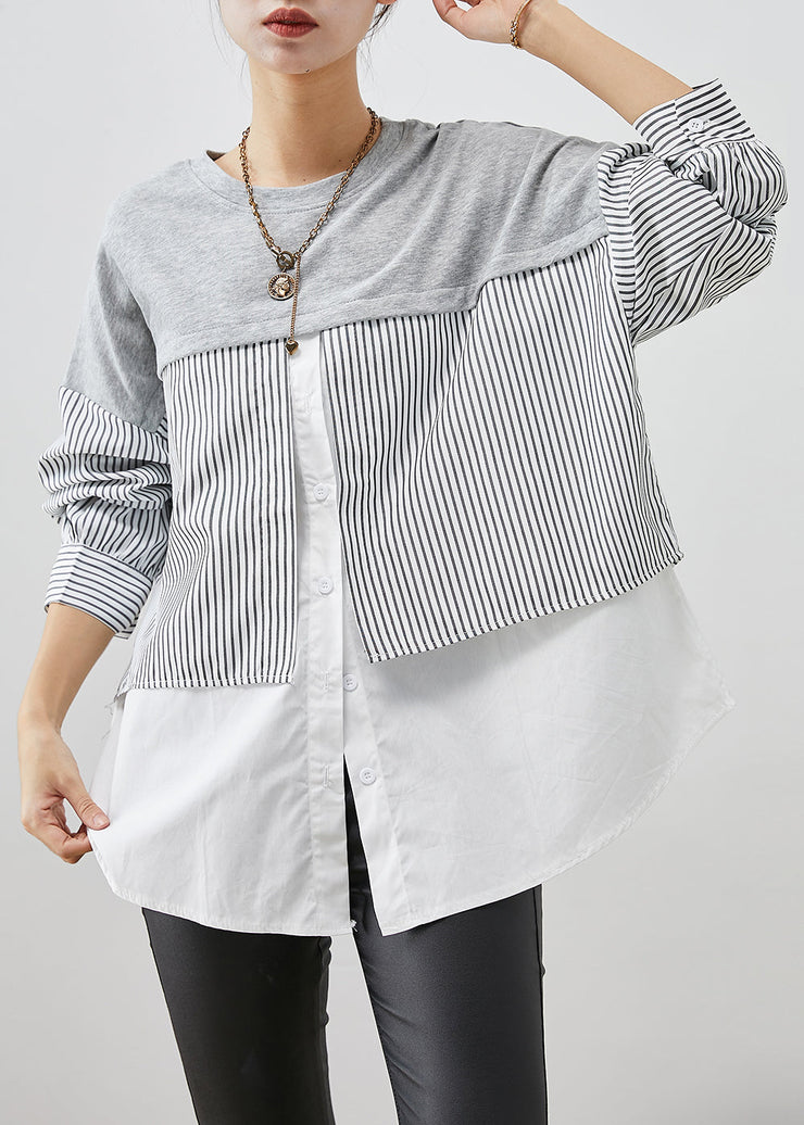 Unique Colorblock Oversized Patchwork Striped Cotton Top Fall – SooLinen