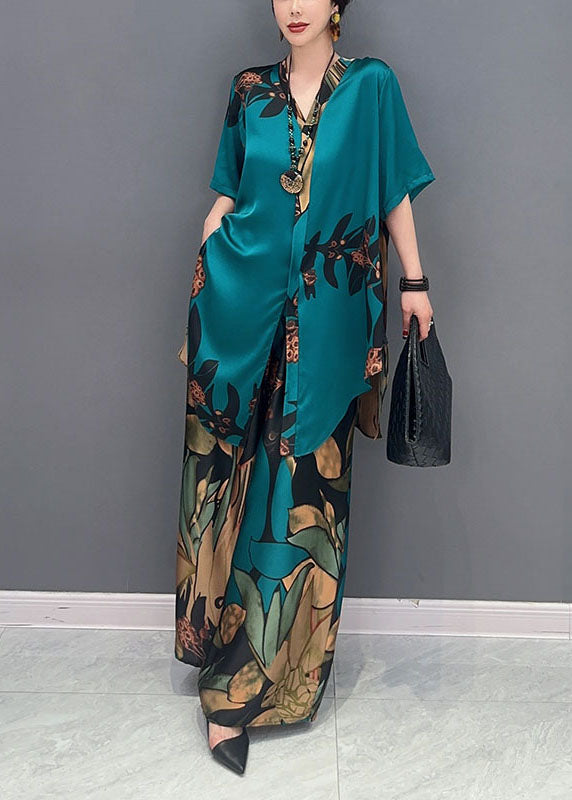 Unique Green Oversized Print Chiffon Women Sets 2 Pieces Summer – SooLinen