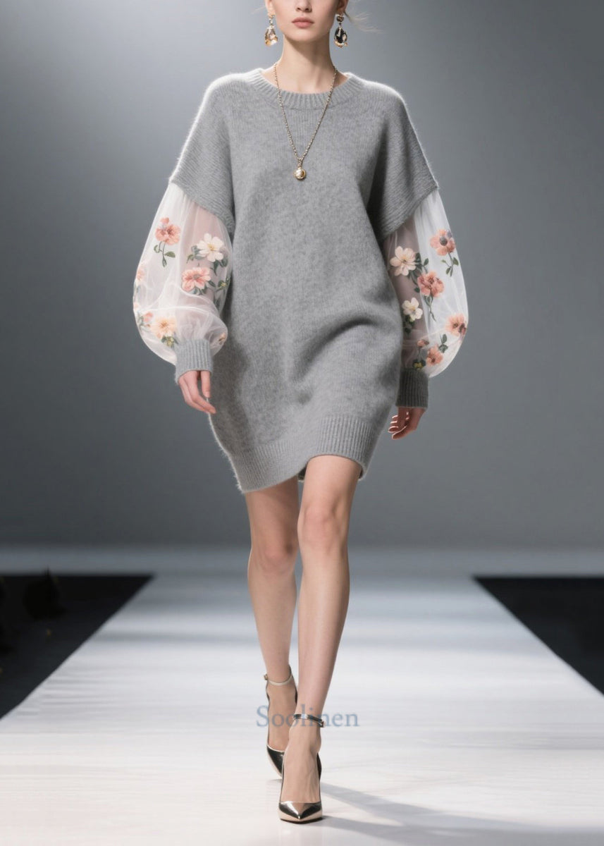 Unique Grey Daisy Patchwork Tulle Long Sweater Fall – SooLinen