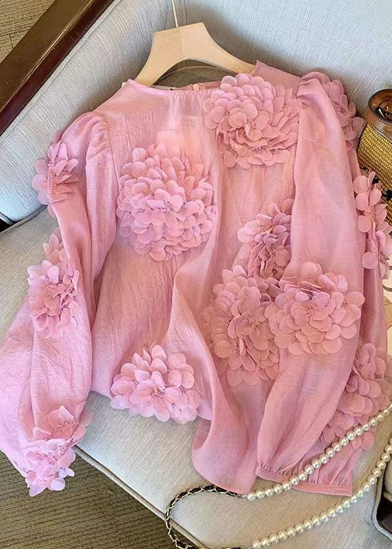 Unique Pink O Neck Floral Decorated Chiffon Shirt Tops Spring – SooLinen