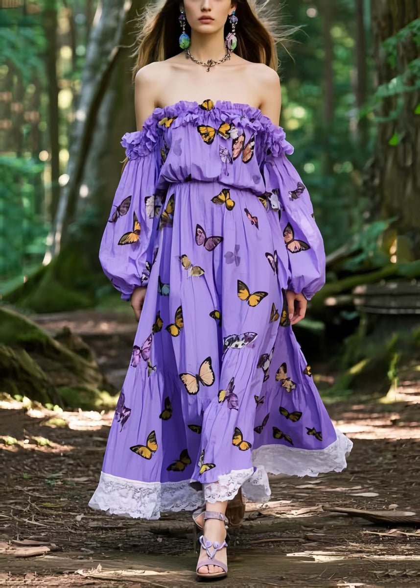 Unique Purple Backless Butterfly Print Cotton Party Dress Spring – SooLinen
