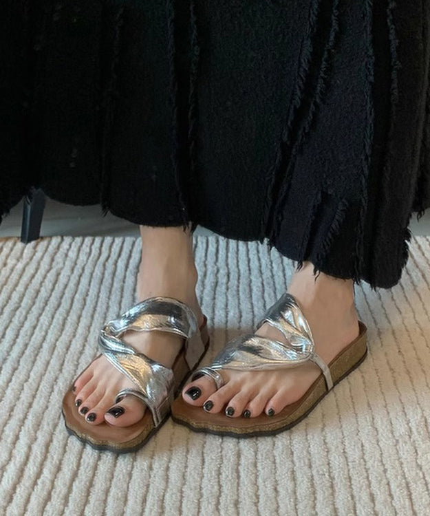 Unique Splicing Platform Flip Flops Silver Faux Leather – SooLinen