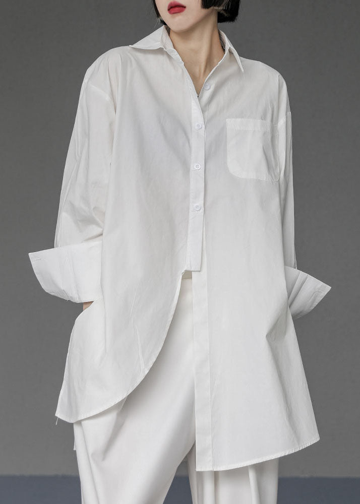 Unique White Asymmetrical Design Side Open Cotton Long Shirts Spring ...