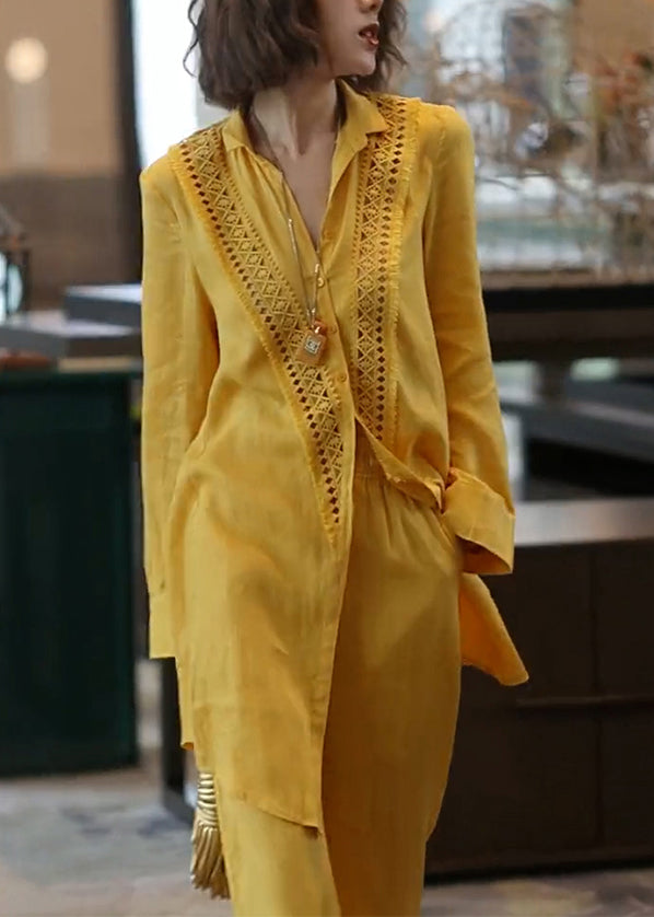 Unique Yellow Hollow Out Linen Women Sets 2 Pieces Spring – SooLinen