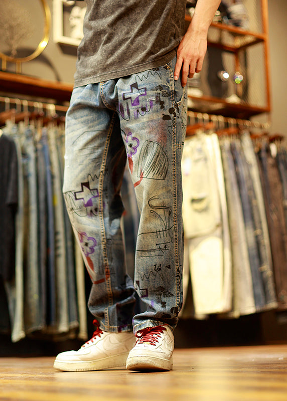 Vintage Blue Print Patchwork Mens Jeans Summer – SooLinen