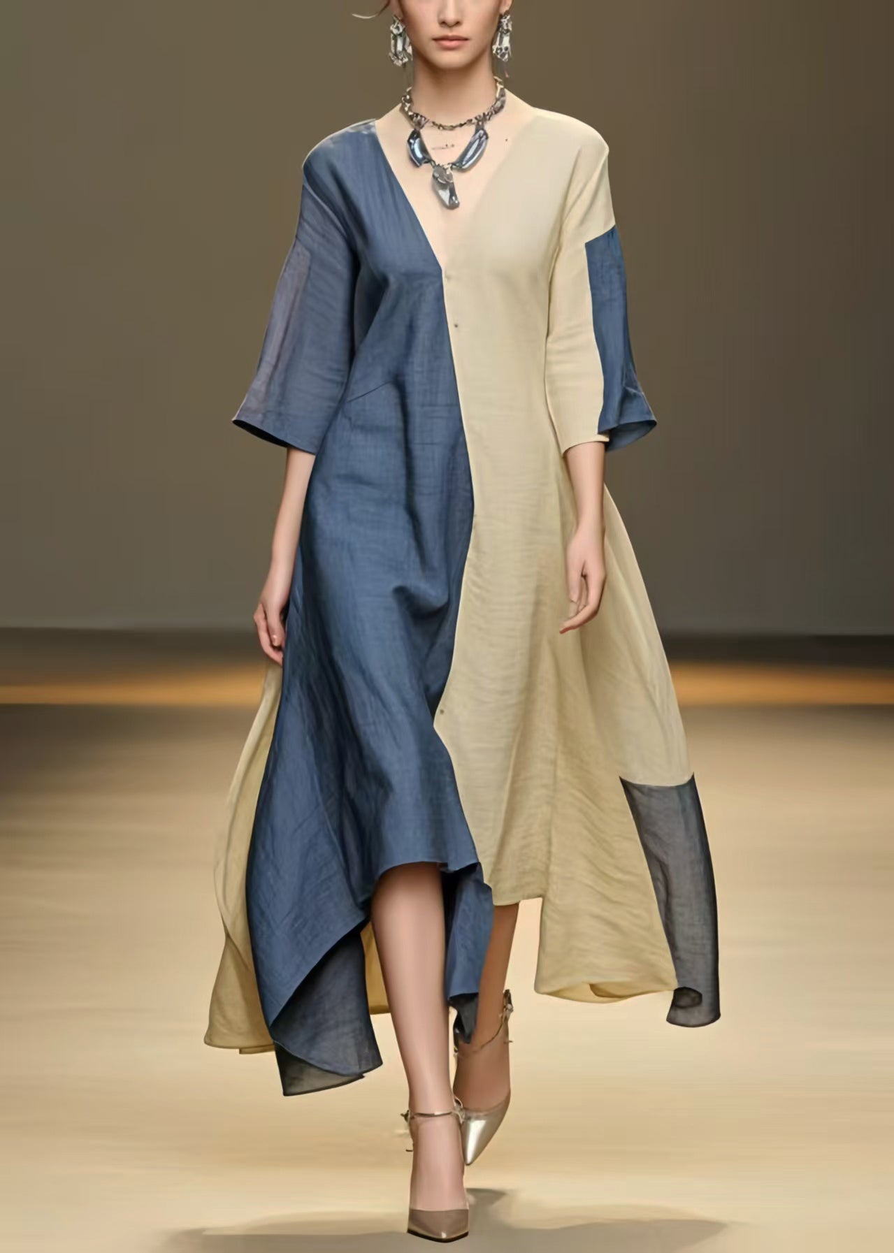 Vintage Colorblock Asymmetrical Patchwork Cotton A Line Dress Summer ...