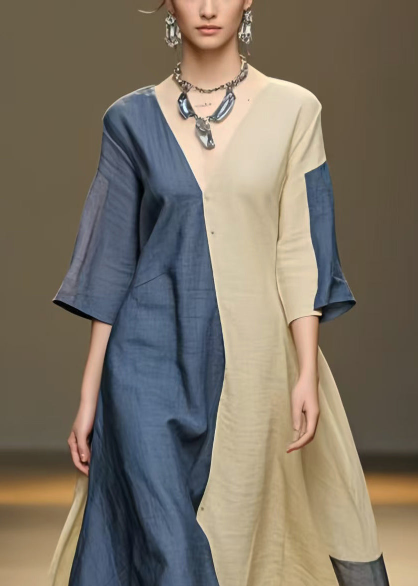 Vintage Colorblock Asymmetrical Patchwork Cotton A Line Dress Summer ...