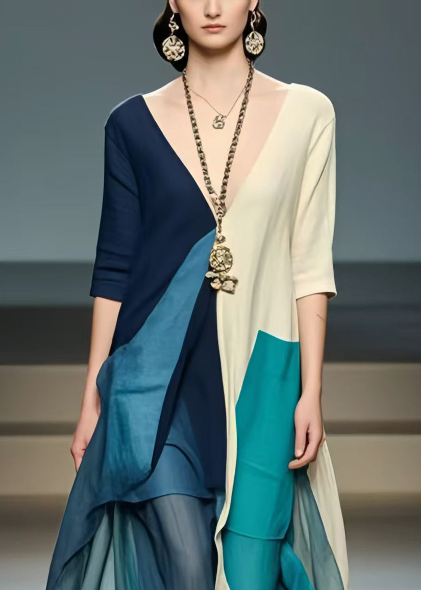 Vintage Colorblock Asymmetrical Patchwork Cotton Dresses Summer – SooLinen