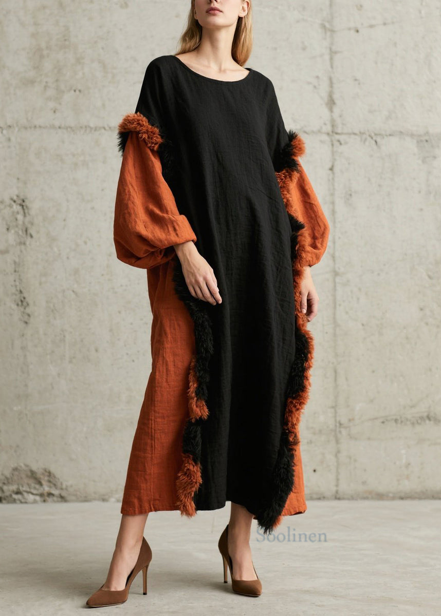 Vintage Colorblock Fuzzy Fur Fluffy Patchwork Cotton Maxi Dress Fall ...