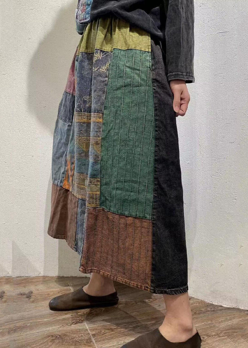 Vintage Colorblock Wrinkled Elastic Waist Patchwork Cotton Skirts Spri ...