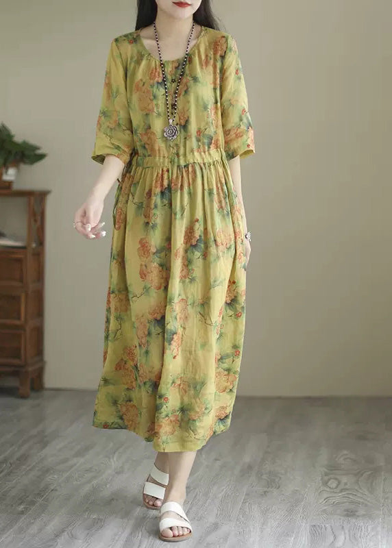 Vintage Green O-Neck Print Wrinkled Long Dress Summer – SooLinen