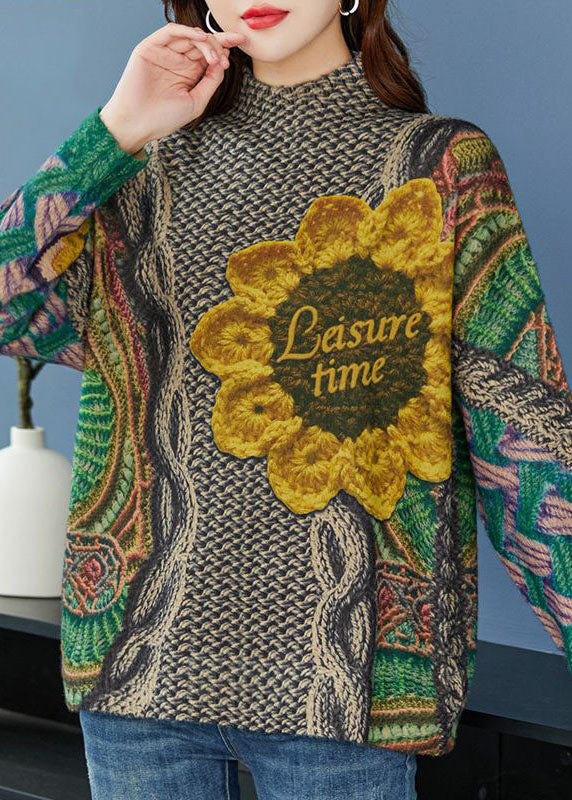 Vintage Green Oversized Print Thick Wool Knit Top Winter – SooLinen
