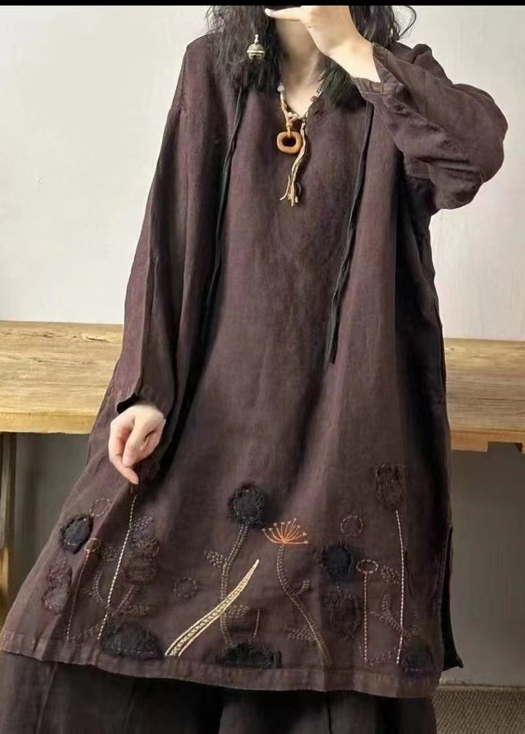 Vintage Mulberry V Neck Embroidered Patchwork Linen Mid Dresses Fall ...