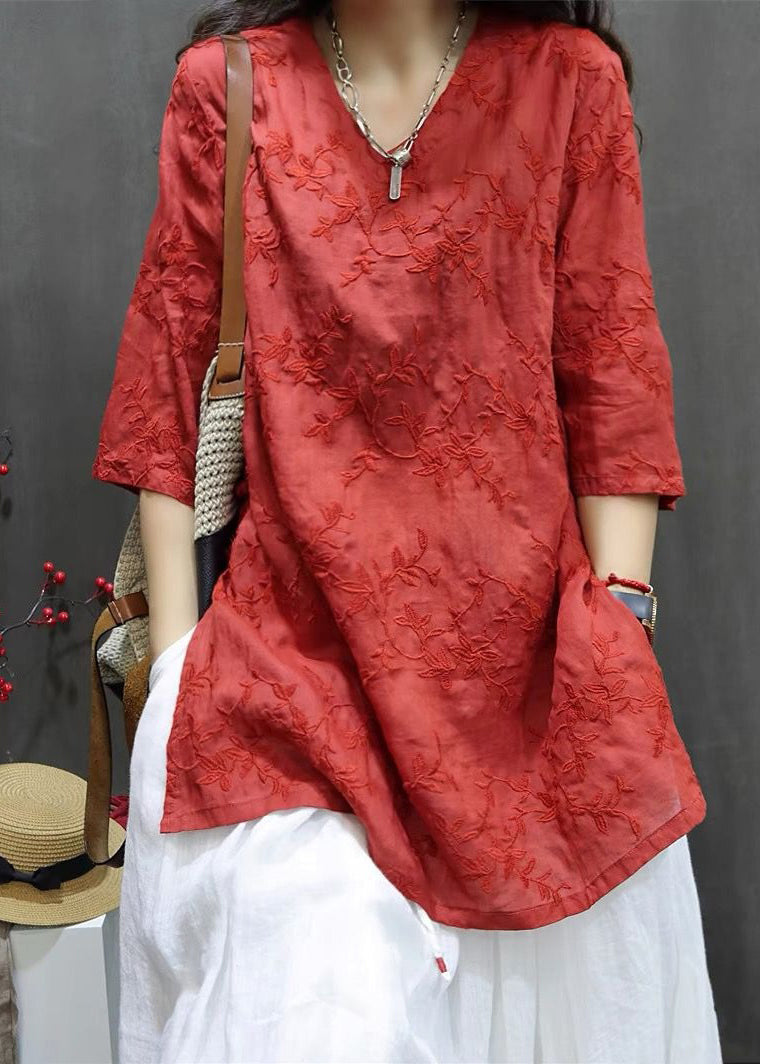 Vintage Rose V Neck Embroidered Side Open Top Spring – SooLinen