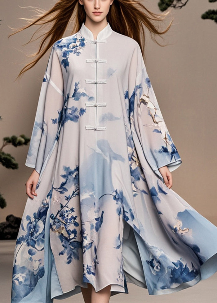 Vintage White Print Chinese Button Side Open Chiffon Oriental Dress Sp ...