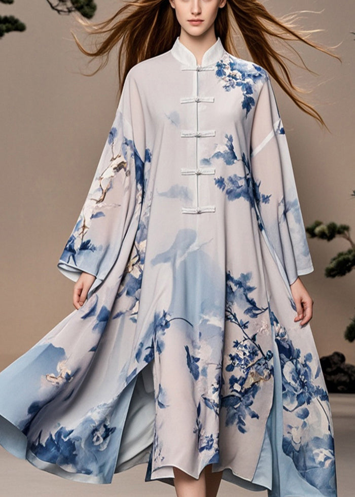 Vintage White Print Chinese Button Side Open Chiffon Oriental Dress Sp ...