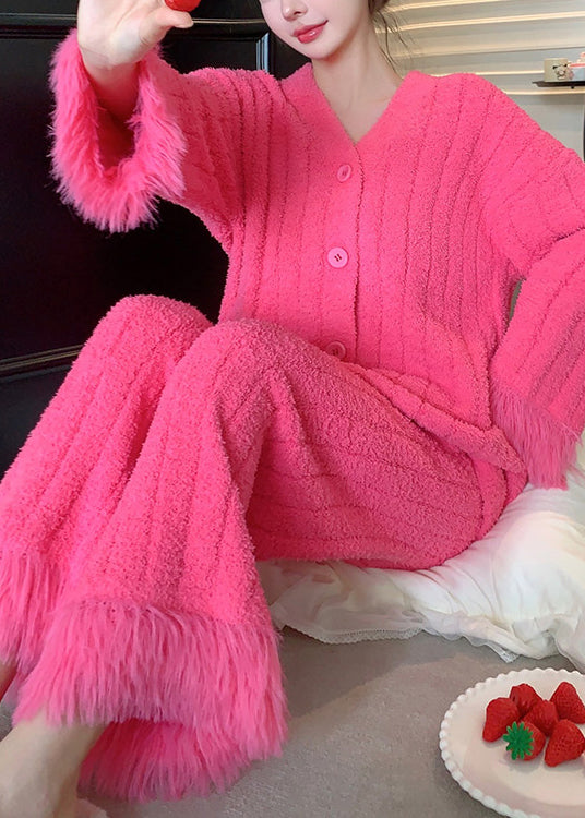 Warm Rose V Neck Button Fluffy Pajamas Two Pieces Set Winter – SooLinen