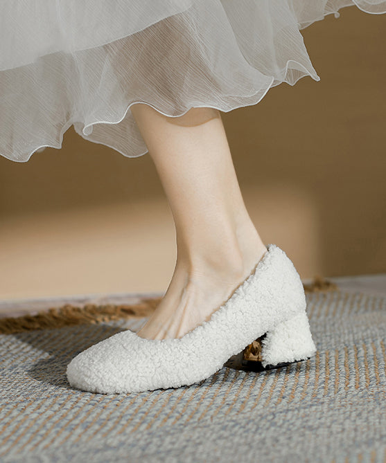 White Faux Fur Splicing Chunky High Heels Fuzzy Wool Lined – SooLinen