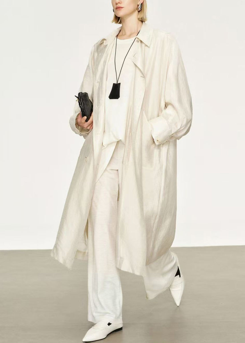 White Pockets Thin Linen Silk Long Trench Coats Peter Pan Collar Batwi ...