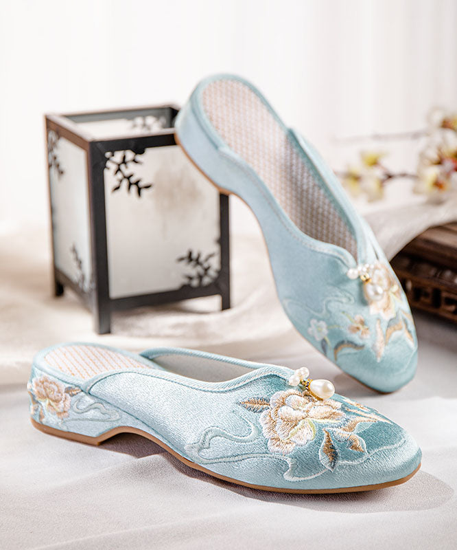White Slide Sandals Chunky Cotton Fabric Comfortable Embroideried Spli ...