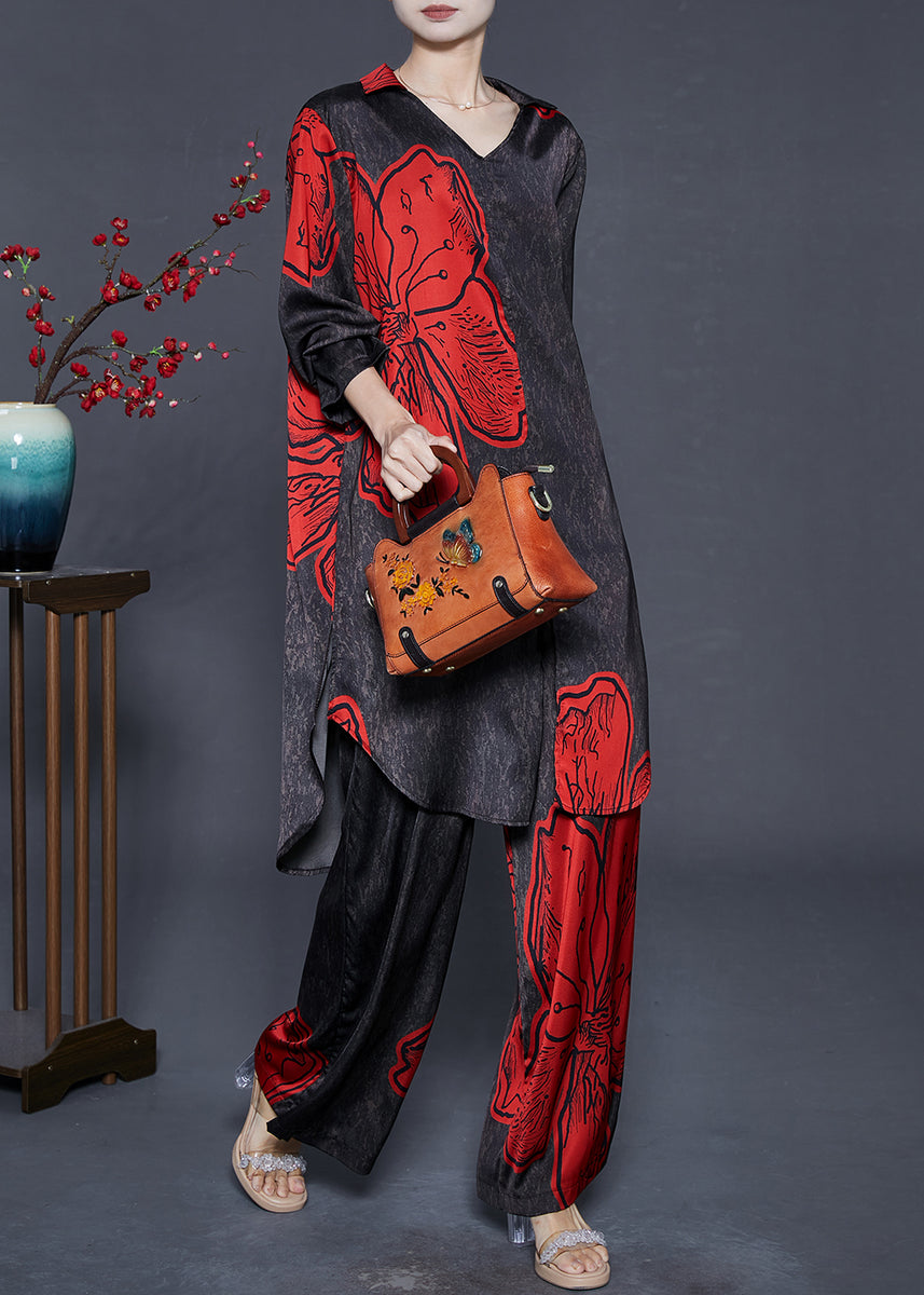 Women Black Oversized Print Silk Two Piece Set Outfits Spring – SooLinen