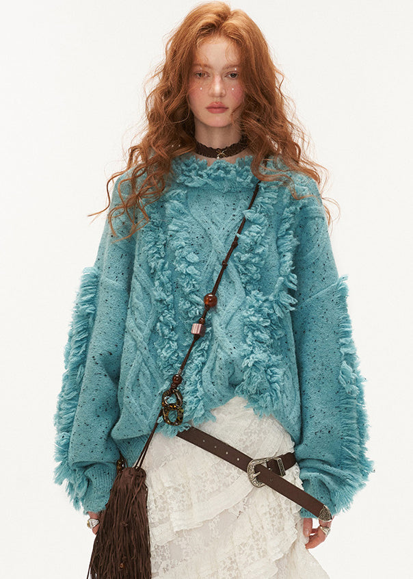 Women Blue Cold Shoulder Tassel Thick Cotton Knit Sweaters Winter ...