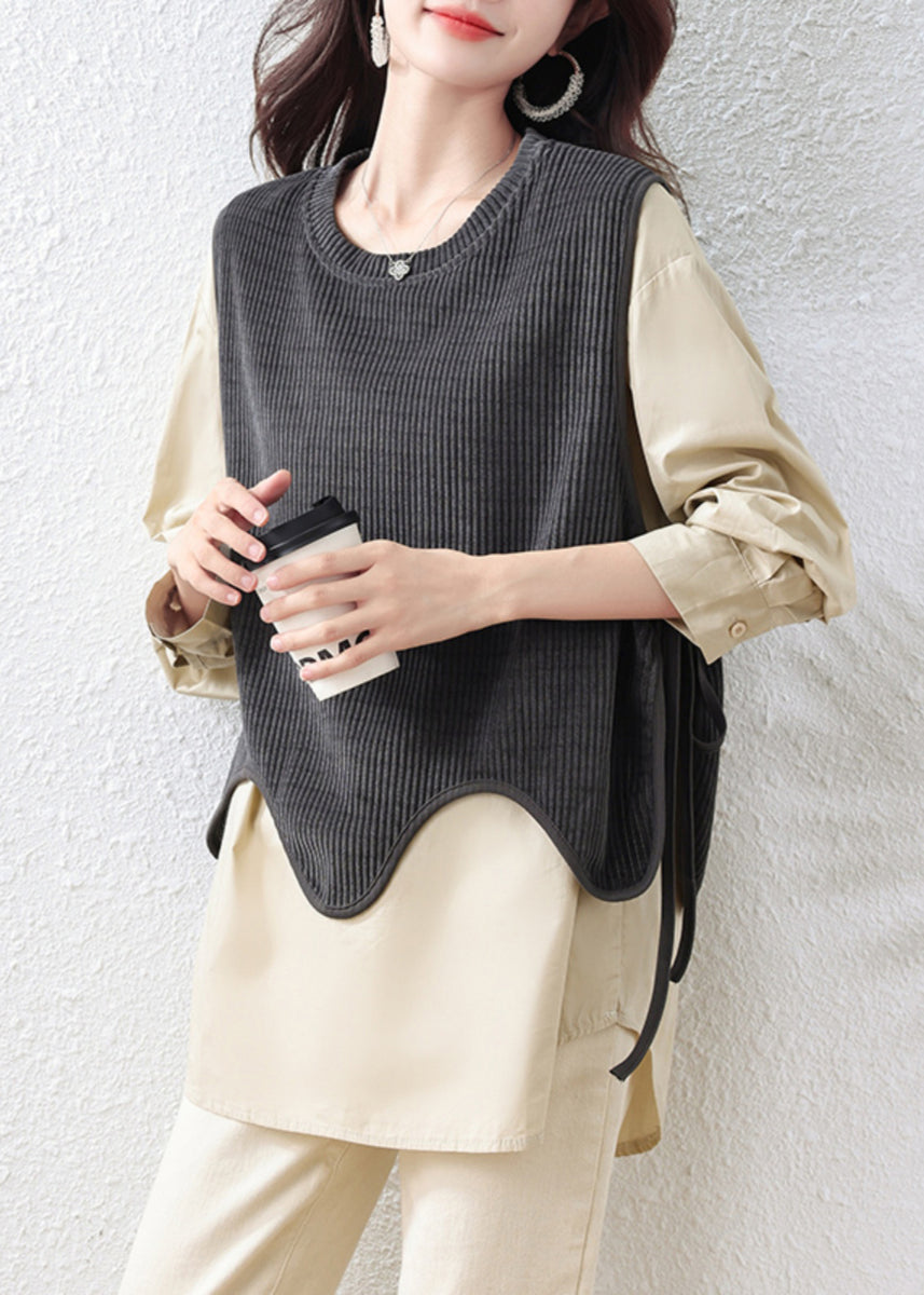 Women Khaki Oversized Patchwork Cotton Fake Two Piece Tops Fall – SooLinen