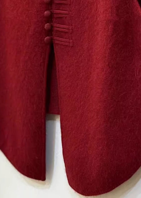 Women Red Chinese Button Side Open Knit Vests Winter – SooLinen
