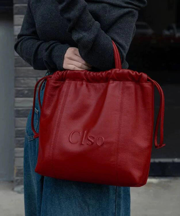 Women Red Drawstring Large Capacity Faux Leather Satchel Handbag – SooLinen