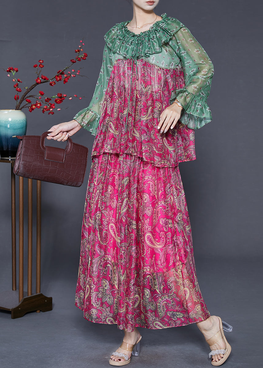 Women Rose Ruffled Patchwork Print Silk Two Pieces Set Spring – SooLinen