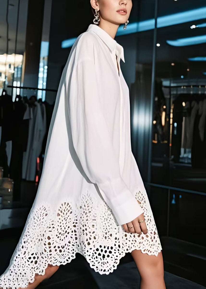 Women White Oversized Hollow Out Cotton Shirt Dresses Spring – SooLinen