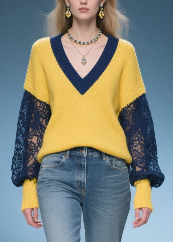 Women Yellow Oversized Patchwork Lace Sweaters Fall – SooLinen