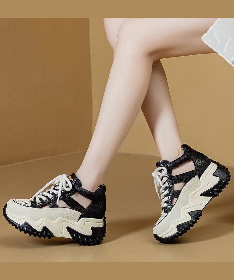 Yellow Cowhide Leather Cross Strap Hollow Out Platform Sandals – SooLinen