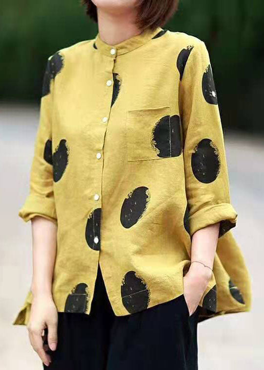 Orange cashews Patchwork Linen Top Button Stand Collar Summer – SooLinen