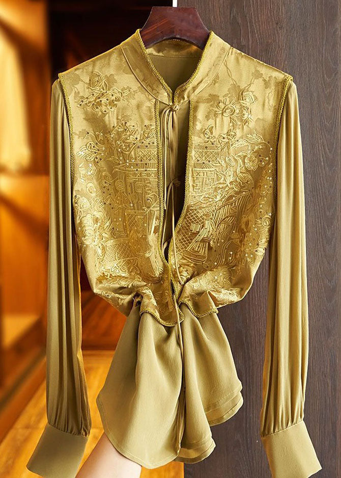 Yellow Patchwork Silk Tops Embroideried False Two Pieces Spring – SooLinen