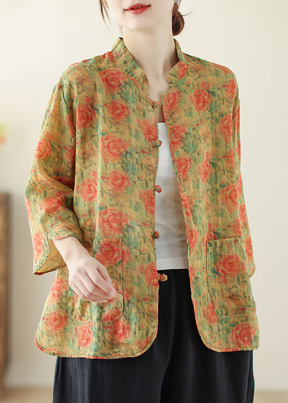 Yellow Print Linen Oriental Tops Pockets Spring – SooLinen